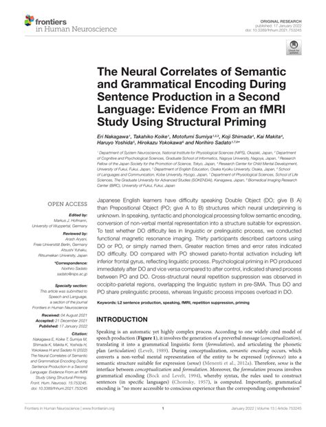 Pdf The Neural Correlates Of Semantic And Grammatical Encoding During Sentence Production In A