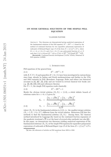 Pdf On Some General Solutions Of The Simple Pell Equation