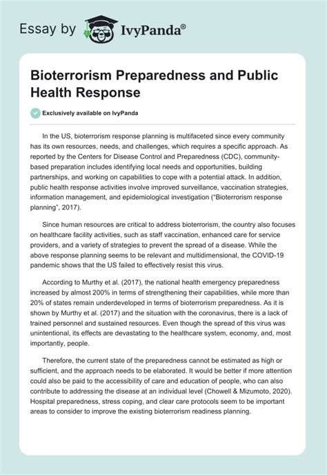 Bioterrorism Preparedness And Public Health Response 295 Words Essay Example