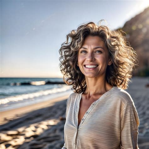O Sorriso Feliz De Uma Mulher De Meia Idade Na Praia Imagem Premium Gerada Com Ia