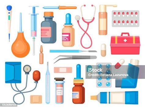 주사기 온도계 약물 및 청진기가있는 플랫 응급 처치 키트 약 알 약 병 및 흡입기 응급 상자 벡터 세트 천식 흡입기에 대한 스톡