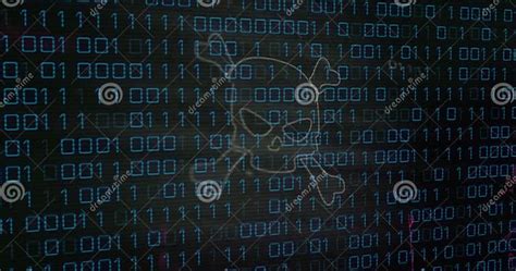binary code and skull with crossbones image over digital background