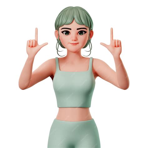 양손 3d 캐릭터 렌더 일러스트레이션을 사용하여 위쪽을 가리키는 스포츠 소녀 캐릭터 프리미엄 사진