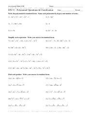 Polynomial Operations Classification Simplify Product Form Course Hero