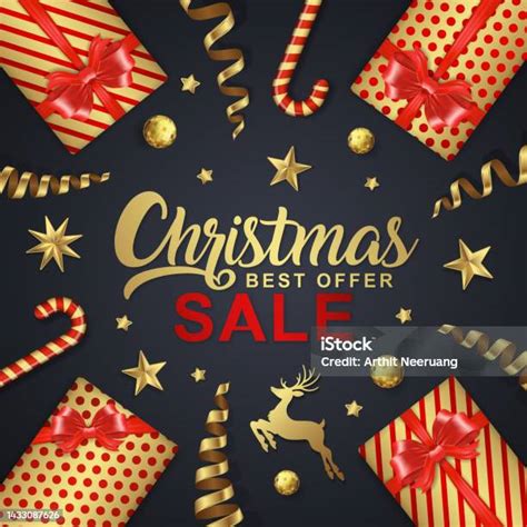 크리스마스 판매 배너 디자인 템플릿 타이포그래피 산타스 모자 반짝이는 공 별 리본 선물 및 전단지 포스터 웹 및 카드 벡터