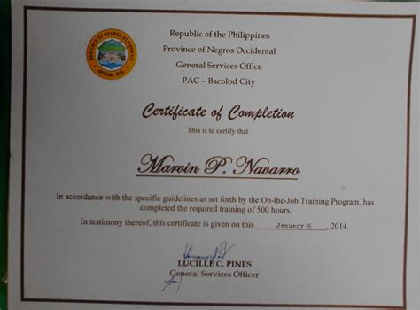 Certificate Of Ojt Completion Template