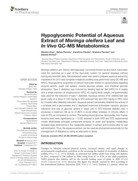 Pdf Hypoglycemic Potential Of Aqueous Extract Of Moringa Oleifera Leaf And In Vivo Gc Ms