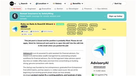 Remote Ruby On Rails And Reactjs Wizard 💰~75k At Advisoryai