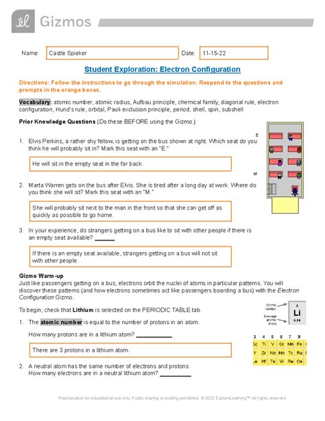 Electron Configuration Se Gizmos Handout Name Castle Spieker Date