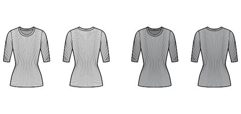 리브드 크루 넥 니트 스웨터 테크니컬 패션 일러스트와 팔꿈치 소매 밀착 모양 튜닉 길이 0명에 대한 스톡 벡터 아트 및 기타