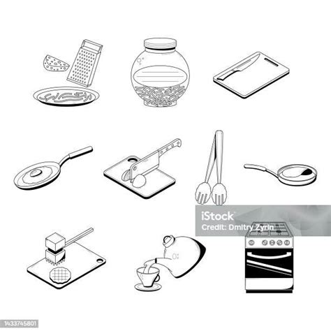 세트 추상 컬렉션 손 그린 부엌 물건 낙서 개념 벡터 디자인 윤곽 스타일 흰색 배경에 요리에 대 한 격리 강철에 대한 스톡 벡터 아트 및 기타 이미지 Istock