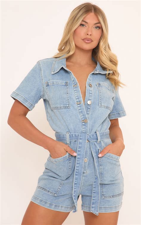 Short Sleeve Tie Waist Detail Button Front Collared Playsuit In Blue
