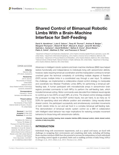 Pdf Shared Control Of Bimanual Robotic Limbs With A Brain Machine Interface For Self Feeding