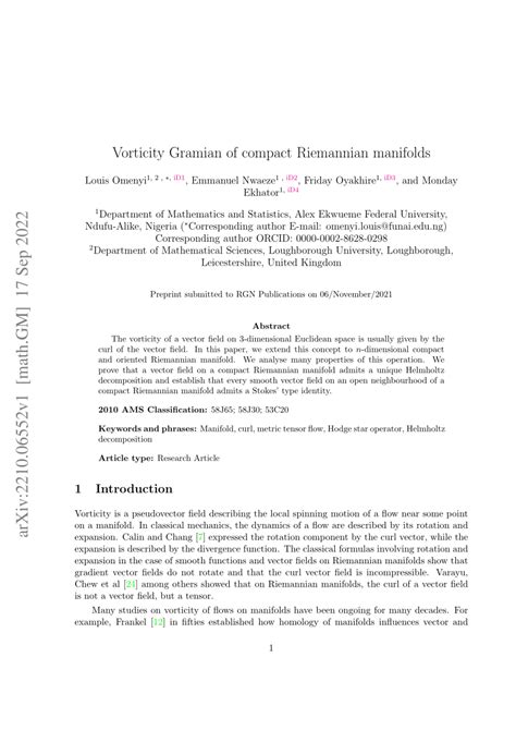 Pdf Vorticity Gramian Of Compact Riemannian Manifolds
