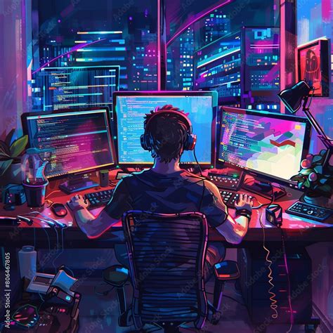 Dedicated Software Developer Coding Into The Late Hours Fueled By