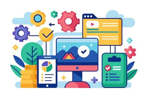 A Vibrant Workspace With A Monitor Mobile Device Gears And Charts Reflecting Digital