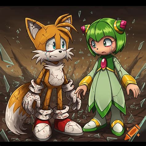 Tails And Cosmo Stand Among Broken Glass Cracked And Crying On Craiyon