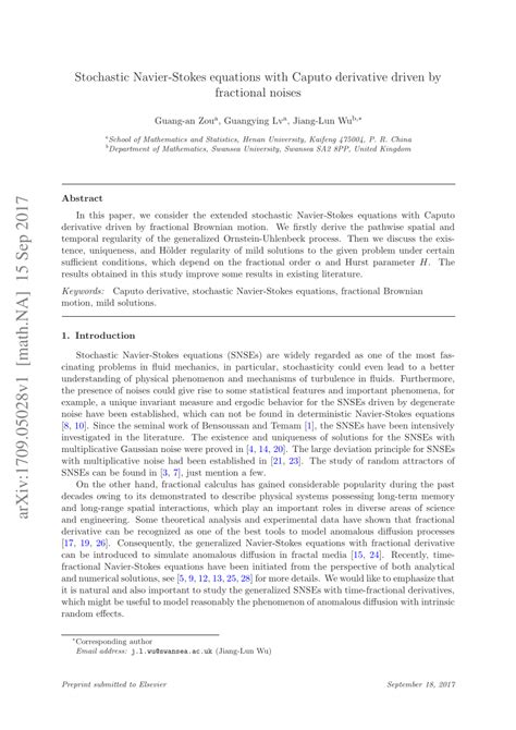 Pdf Stochastic Navier Stokes Equations With Caputo Derivative Driven