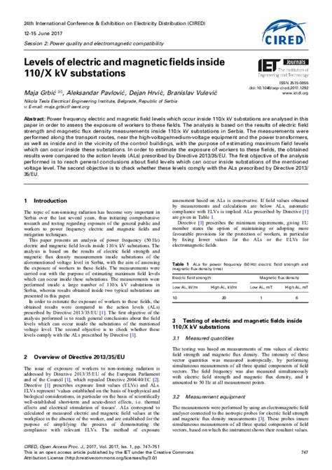 Pdf Levels Of Electric And Magnetic Fields Inside 110 X Kv Substations