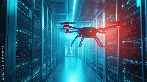 Autonomous Ai Driven Security Drones Patrolling A Futuristic Data Center Sleek High Tech