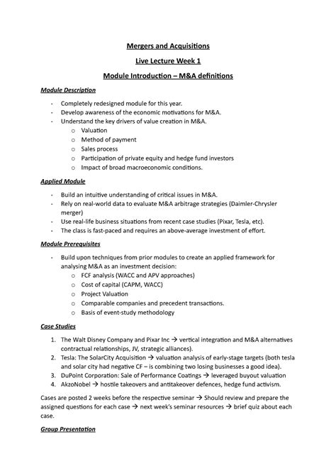 Live Lecture Week 1 Tutor Nickolay Mergers And Acquisitions Live Lecture Week 1 Module