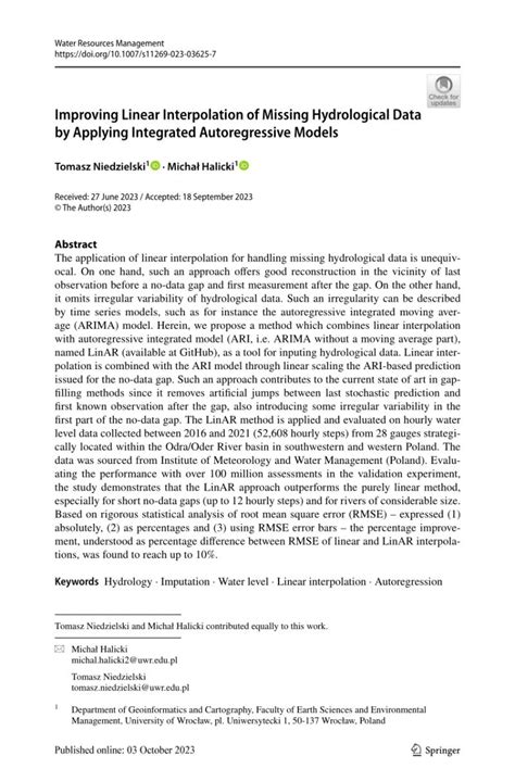 Pdf Improving Linear Interpolation Of Missing Hydrological Data By Applying Integrated