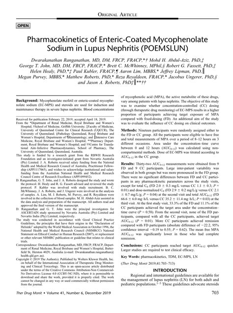 Pdf Pharmacokinetics Of Enteric Coated Mycophenolate Sodium In Lupus