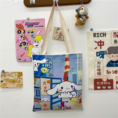 Kawaii Sanrio 헬로키티 시나모롤 신상 캔버스 프린트 핸드백 귀여운 만화 학생 가방 대용량 친환경 쇼핑백 Aliexpress