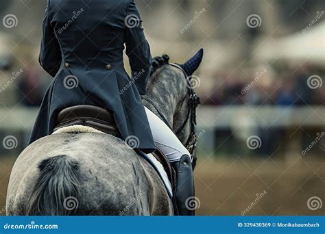 Back View Of Person In Riding Horse In Dressage Competition Stock