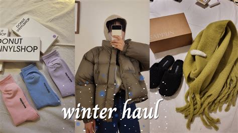🎀패션 하울🎀저렴한 겨울 아이템 추천 💝 겨울 아이템 쇼핑하울ㅣ도넛바이닐샵 양말 털슬리퍼 머플러 숏패딩 Youtube