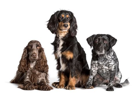 Premium Photo Cocker Spaniel And Mixed Breed Dogs Sitting Against