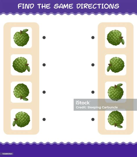 커스터드 사과의 동일한 방향을 일치합니다 일치하는 게임 사전 쇼올 년 어린이와 유아를위한 교육 게임 0명에 대한 스톡 벡터 아트