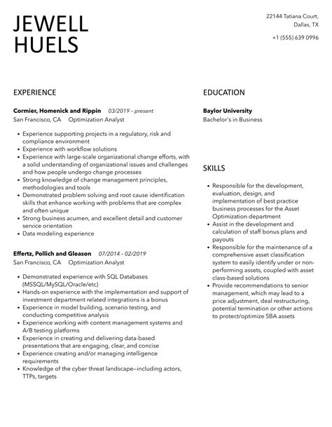 Optimization Analyst Resume Samples Velvet Jobs