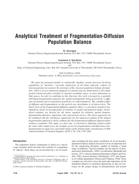 Pdf Analytical Treatment Of Fragmentation Diffusion Population Balance