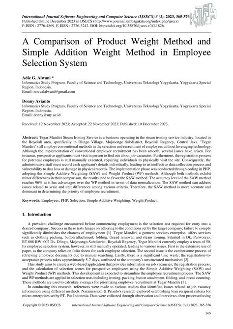 PDF A Comparison Of Product Weight Method And Simple Addition Weight Method In Employee