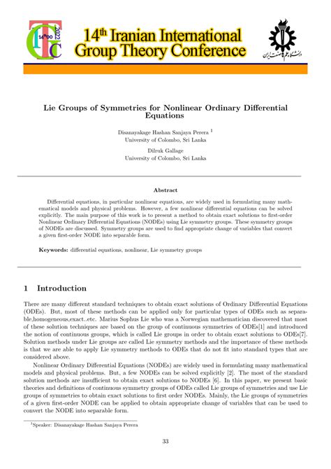 Pdf Lie Groups Of Symmetries For Nonlinear Ordinary Differential Equations