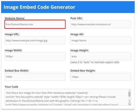 Image Embed Code Generator Frontend Resource