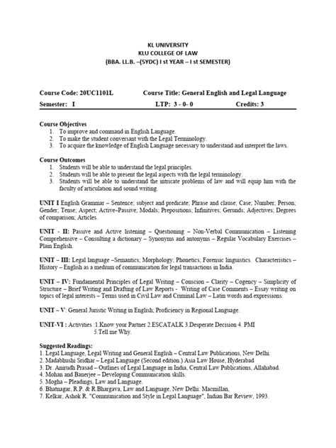 3 General Englishandlegal Language Law Sem 1 Syllabus Pdf English Language Communication