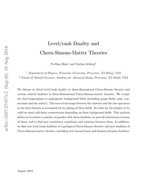 Pdf Level Rank Duality And Chern Simons Matter Theories