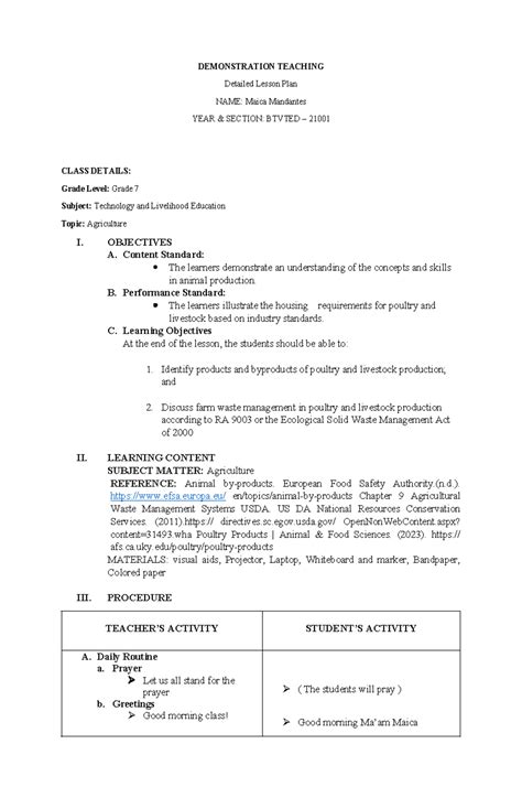 Lesson Plan Or Lesson Proper Demonstration Teaching Detailed Lesson