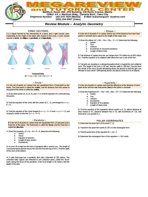 Review Module Analytic Geometry Conic Sections Pdf Ellipse Mathematical Objects