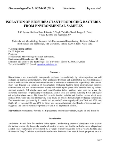 Pdf Isolation Of Biosurfactant Producing Bacteria Product Characterization And Evaluation