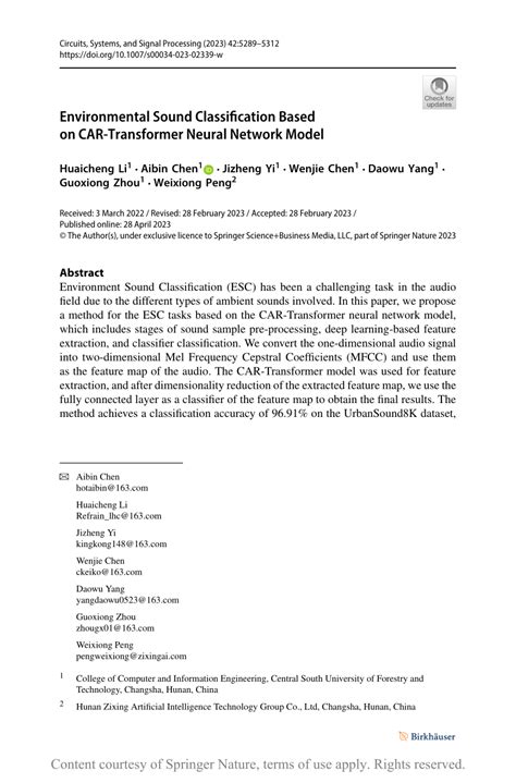 Environmental Sound Classification Based On Car Transformer Neural