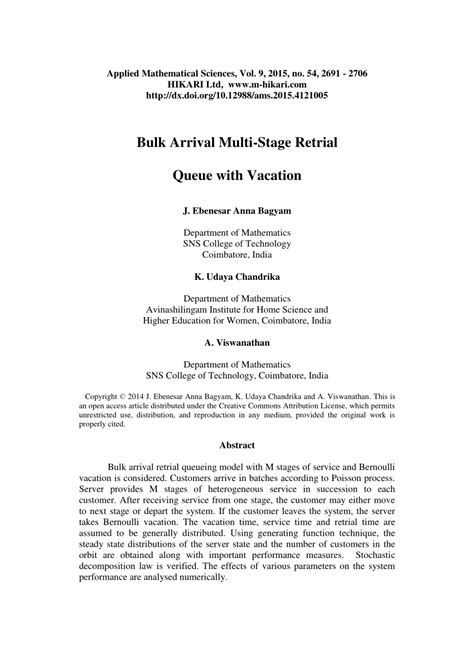 Pdf Bulk Arrival Multi Stage Retrial Queue With Vacation