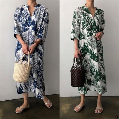 휴양지원피스 루즈핏 브이넥 야자수 시원한 프린팅 7부소매 롱 원피스
