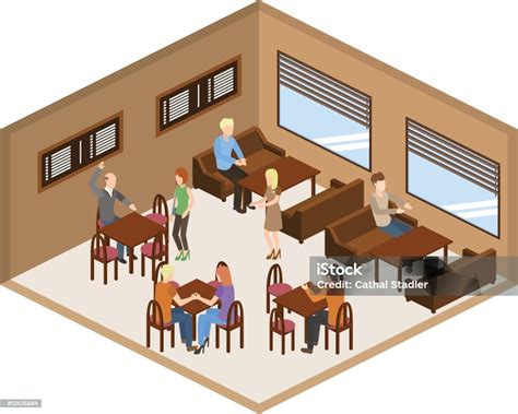 커피숍 카페 인테리어 아이소메트릭 배너 제공 방문자 아이소메트릭 벡터 일러스트 레이 션 하는 웨이터와 갈색 색조에 3차원 형태에 대한 스톡 벡터 아트 및 기타 이미지