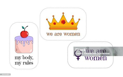 벡터 페미니스트 스티커 세트 영감을 주는 따옴표가 있는 페미니스트 상징의 만화 아이콘 여성 권한 부여 자기 수용 및 양성 평등에