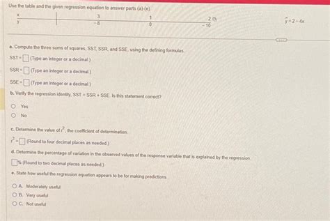 Solved Use The Table And The Given Regression Equation To