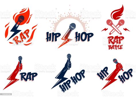 랩 음악 벡터 로고 또는 엠블럼 손 불꽃과 번개 볼트에 마이크와 함께 설정 뜨거운 힙합 운율 축제 콘서트 또는 나이트 클럽 파티 레이블 티셔츠 인쇄 가수에 대한 스톡 벡터