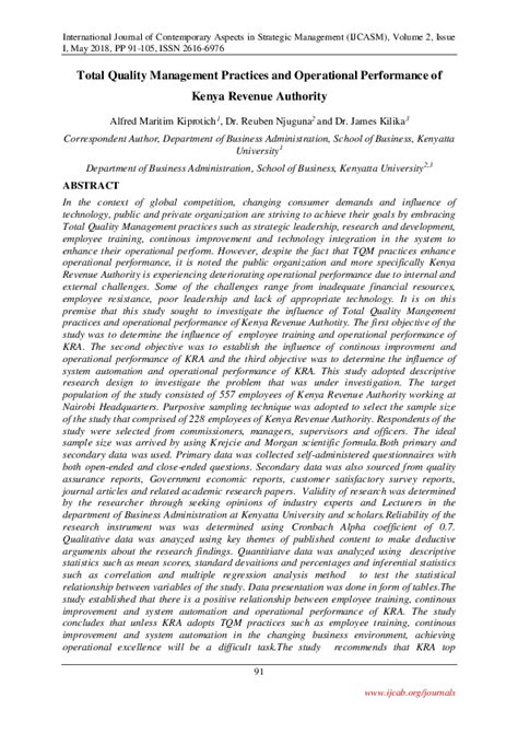 (PDF) Total Quality Management Practices and Operational Performance of Kenya Revenue Authority
